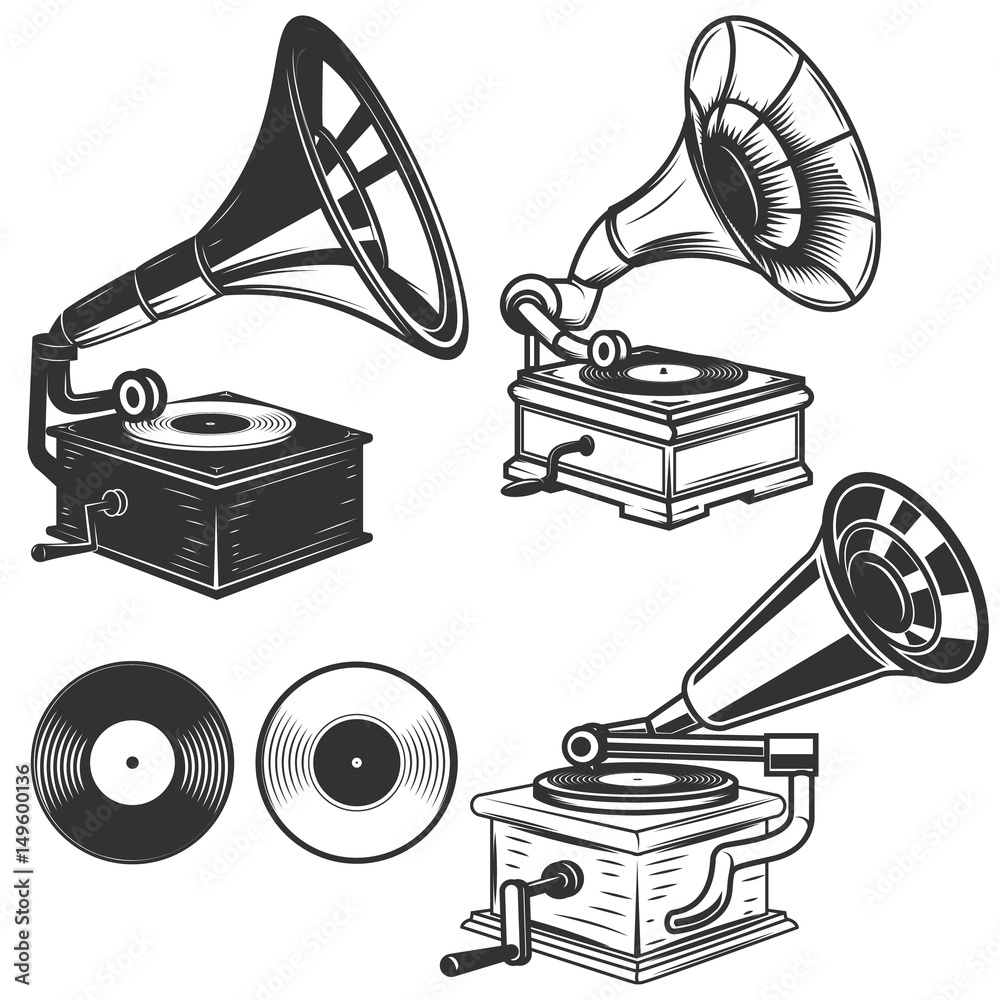 Set of gramophone illustrations on white background. Design elements ...