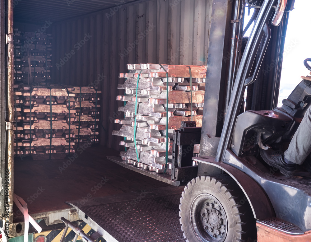 Unstuffing Aluminun Ingot from container on truck move to store in ...
