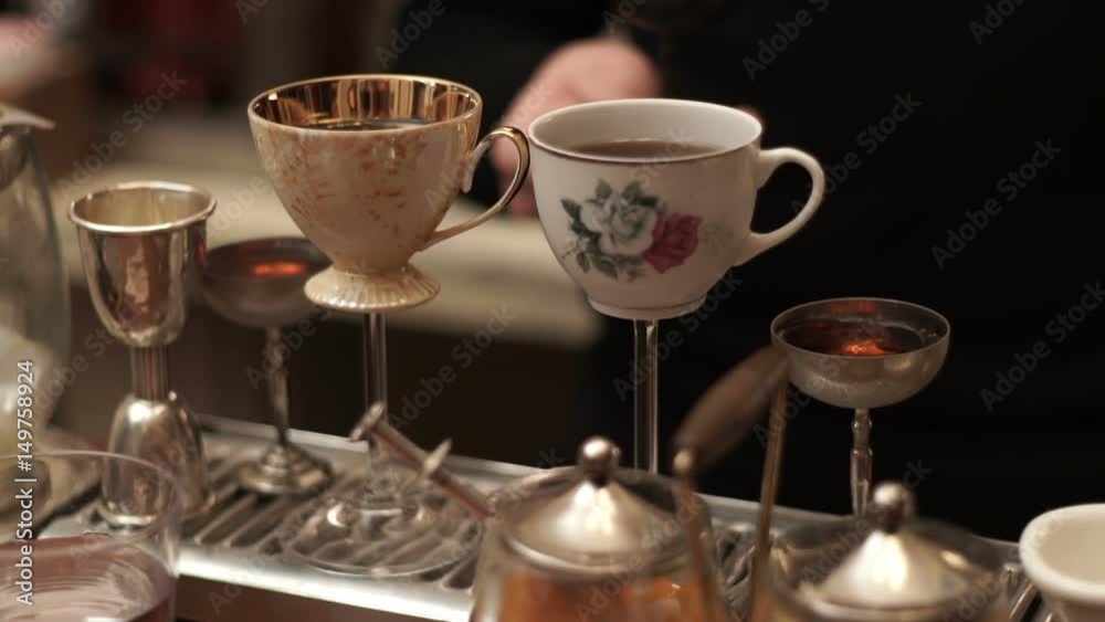 Traditional tea ceremony in bar. Original cups with tea Stock Video ...