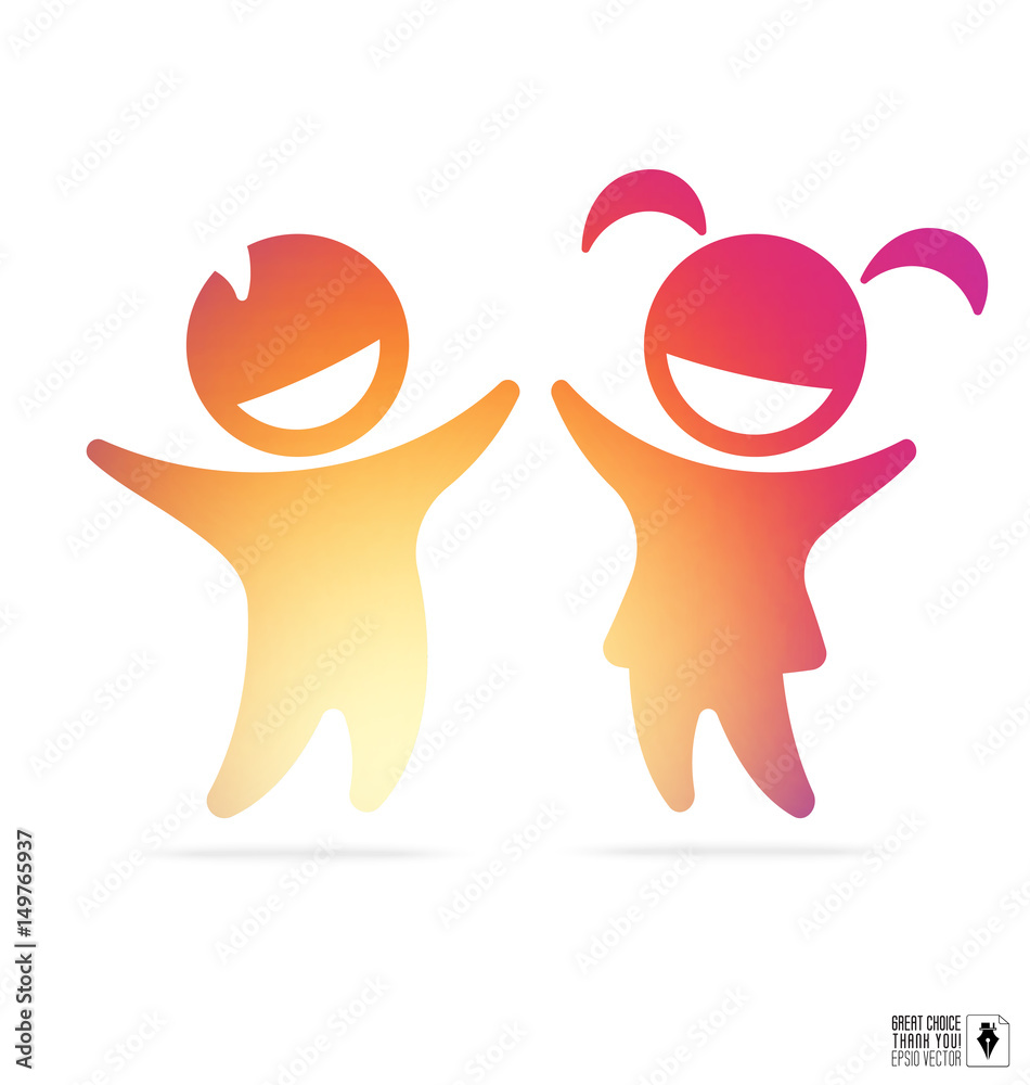 Silhouette of happy children: boy and girl with gradient inside for ...
