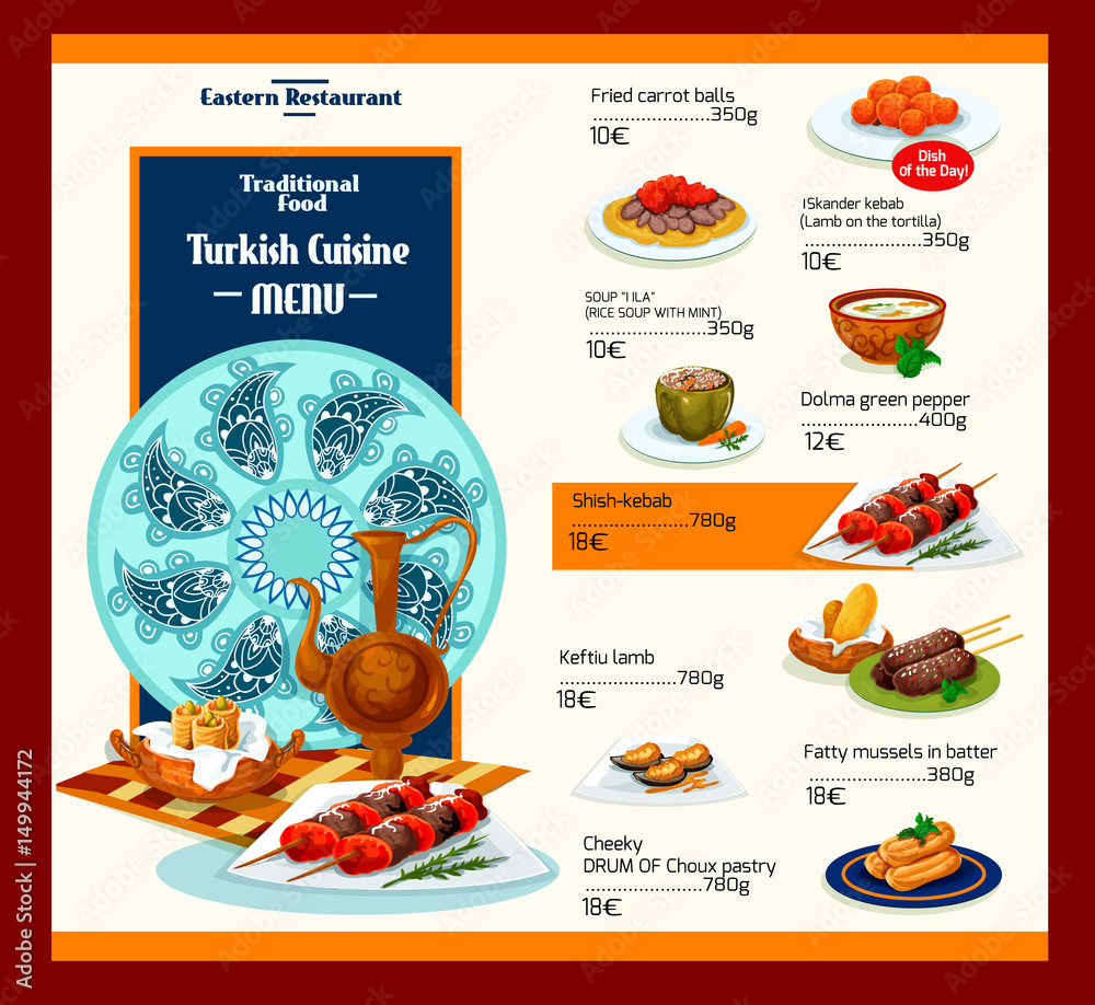 Vector menu template of Turkish cuisine restaurant Stock Vector | Adobe ...