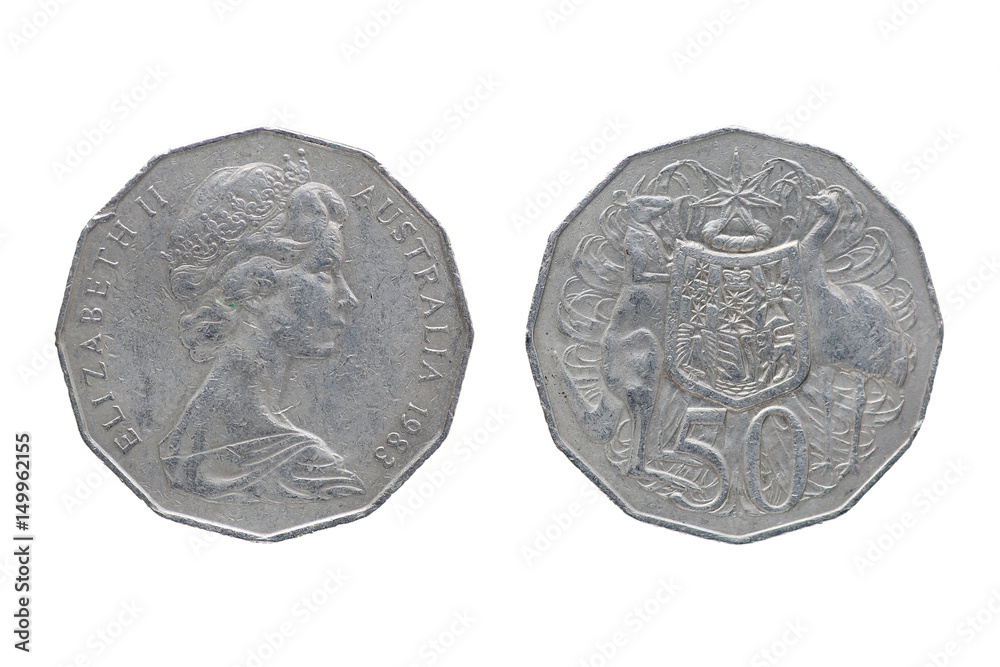 Half australian dollar coin isolated on white background, front and ...