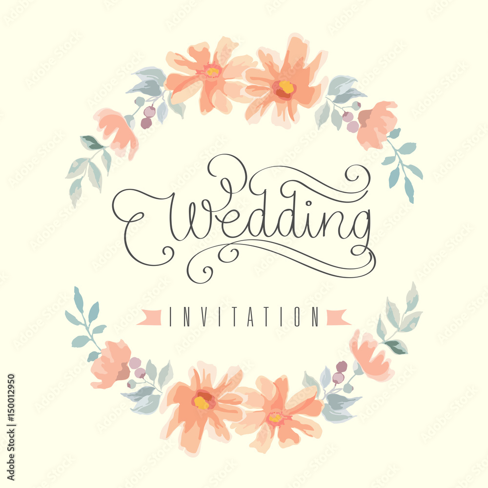 Wedding invitation hand lettering with flowers. Vector illustration ...