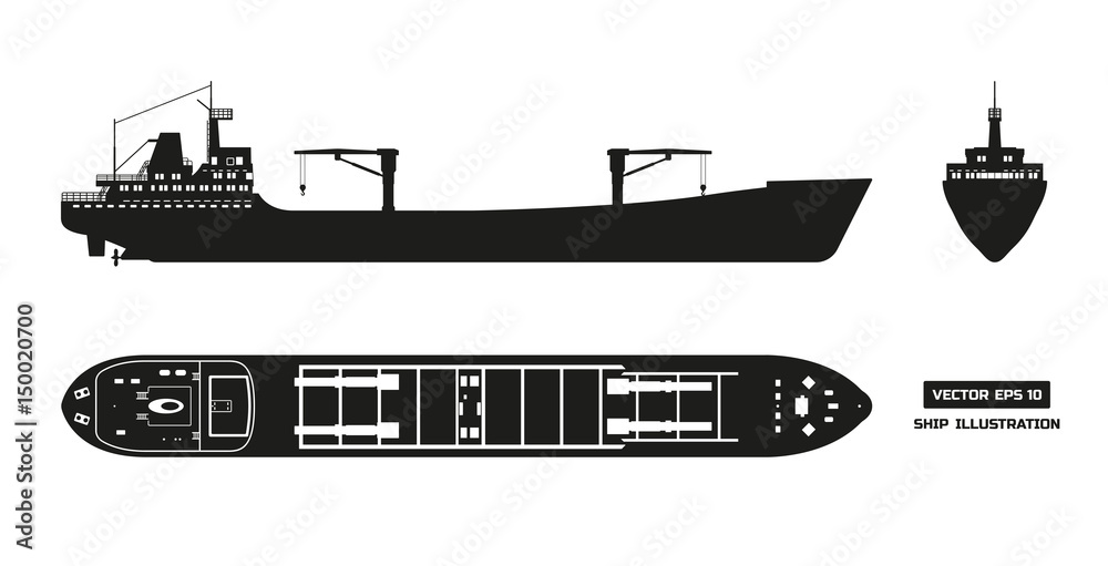 Silhouette of cargo ship on a white background. Top, side and front ...