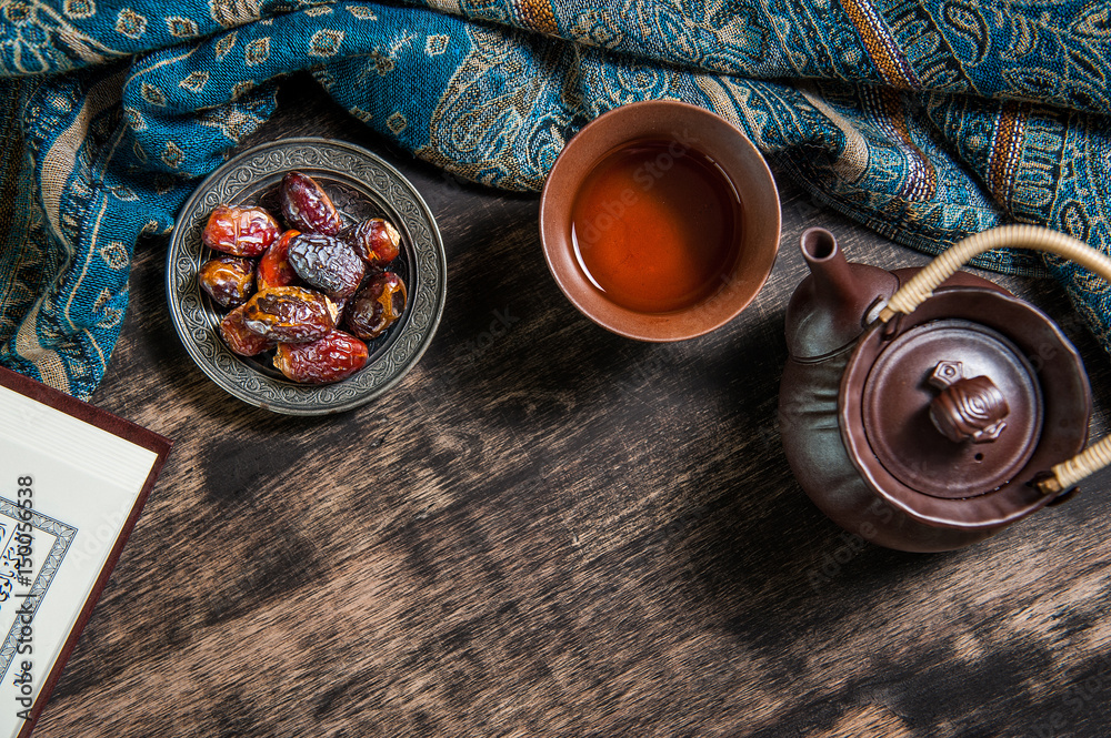 Ramadan of islam, date palm for Ramadan, date palm fruits and Tea on a ...