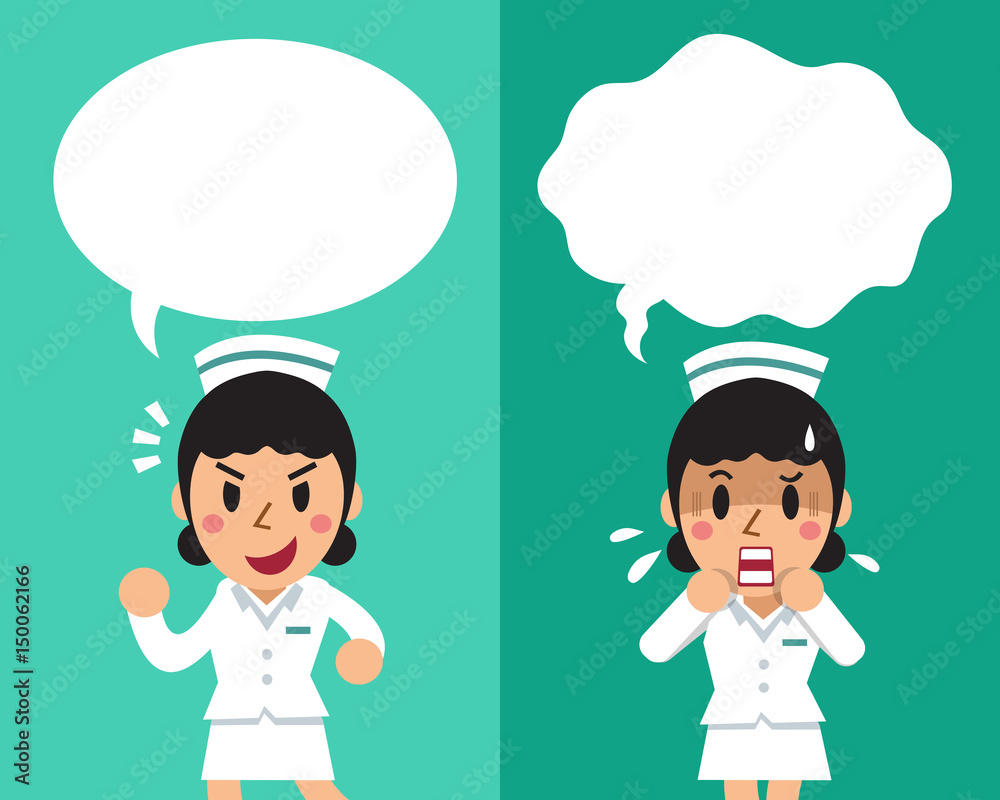 Cartoon female nurse expressing different emotions with speech bubbles ...