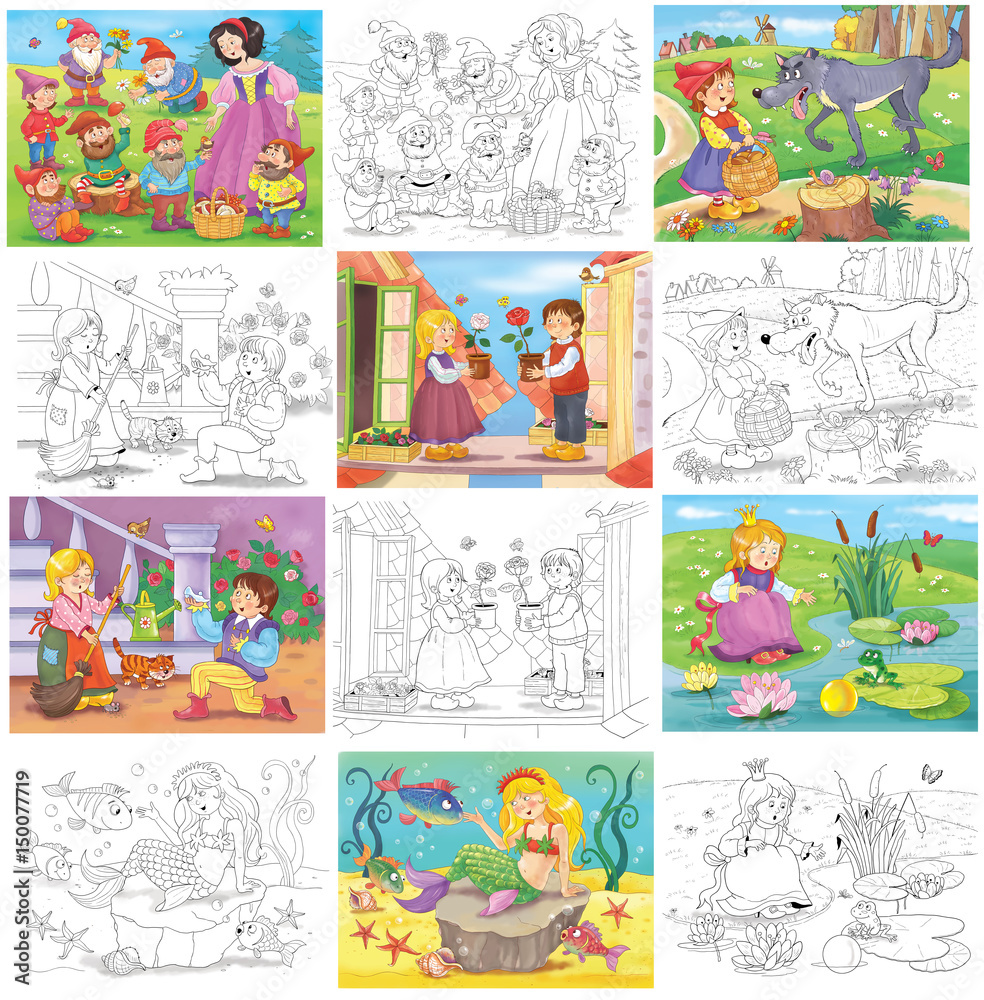 Fairy tales. Set of illustrations for children. Coloring page. Cute and ...