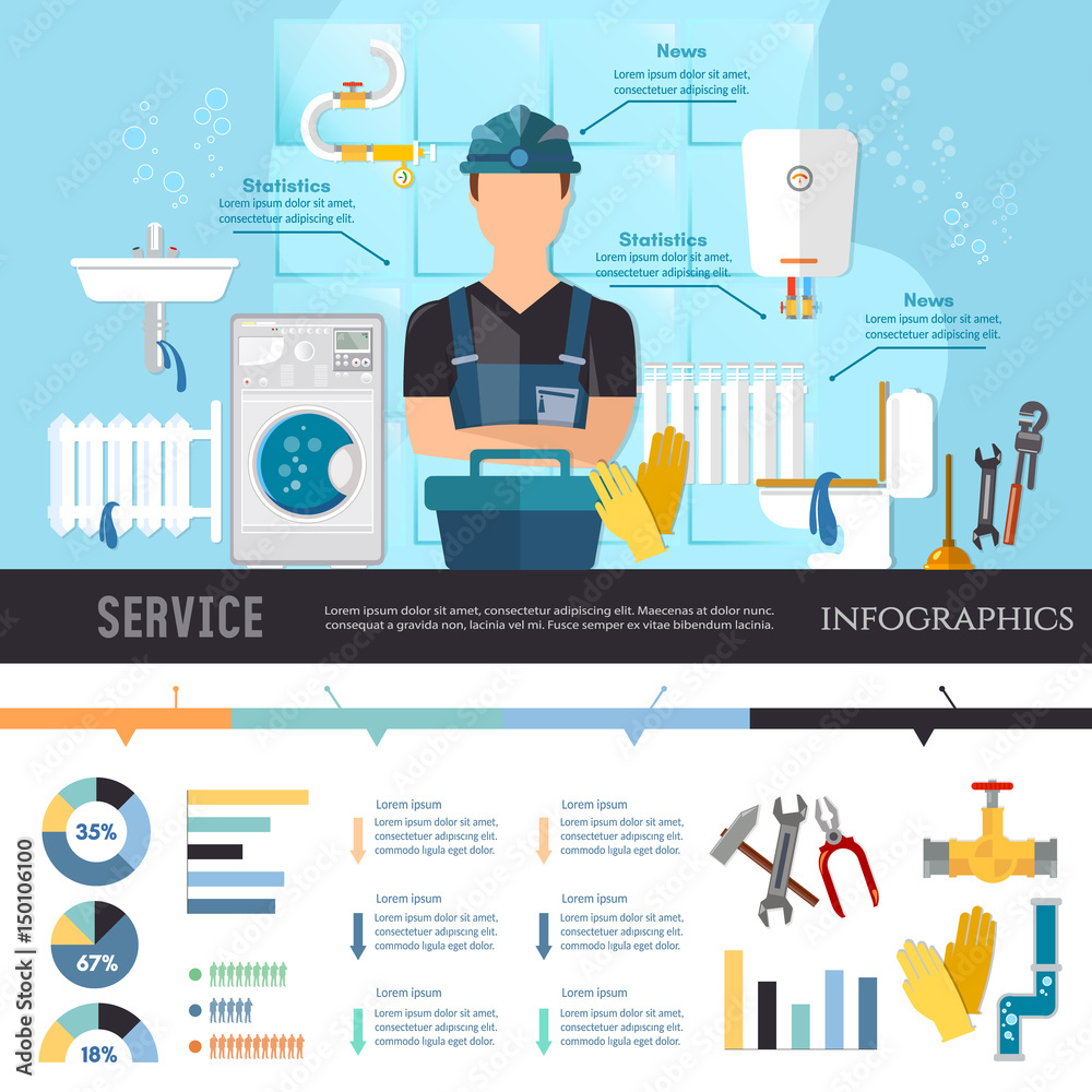 Plumbing service different tools and accessories infographics call ...