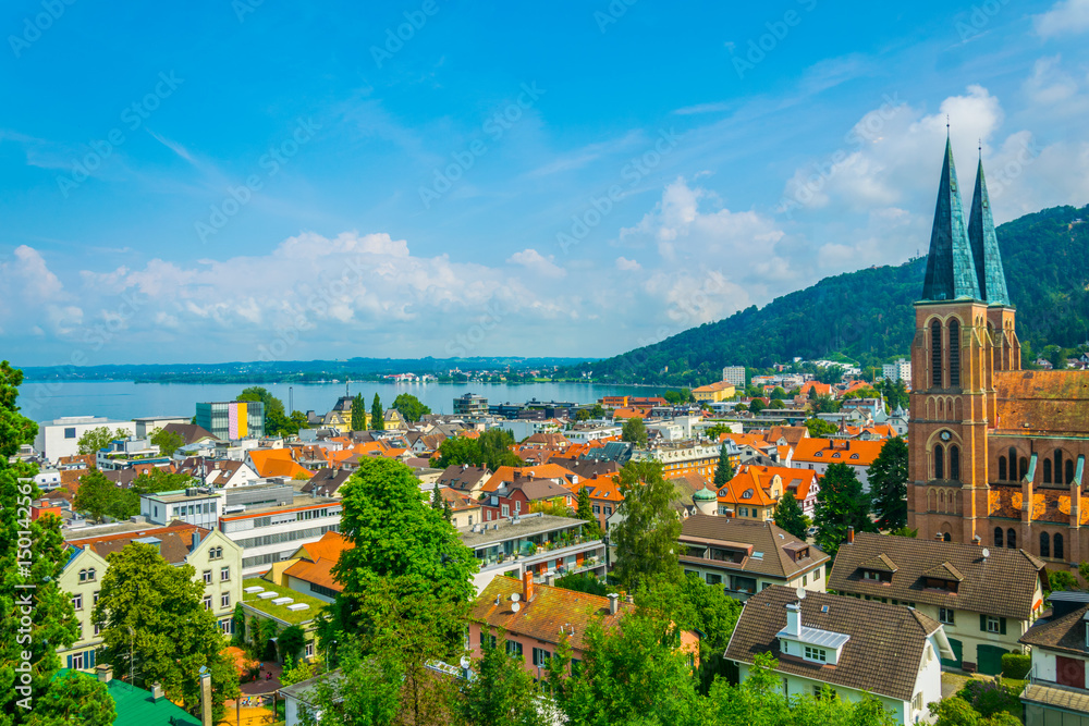 Aerial view of Bregenz dominated by the church of the sacred heart ...