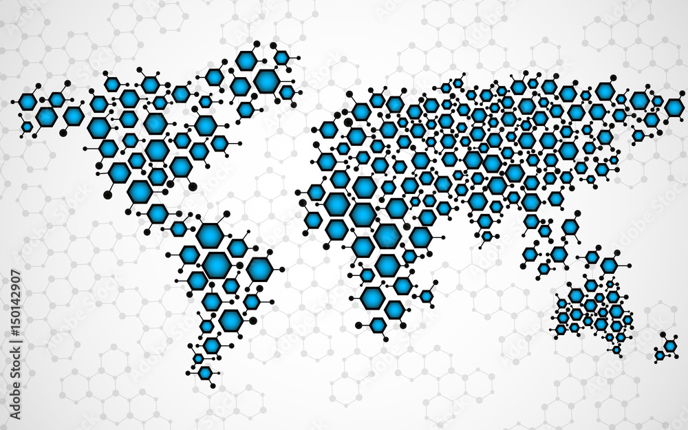 Abstract world map of hexagonal molecular structures Stock Illustration ...