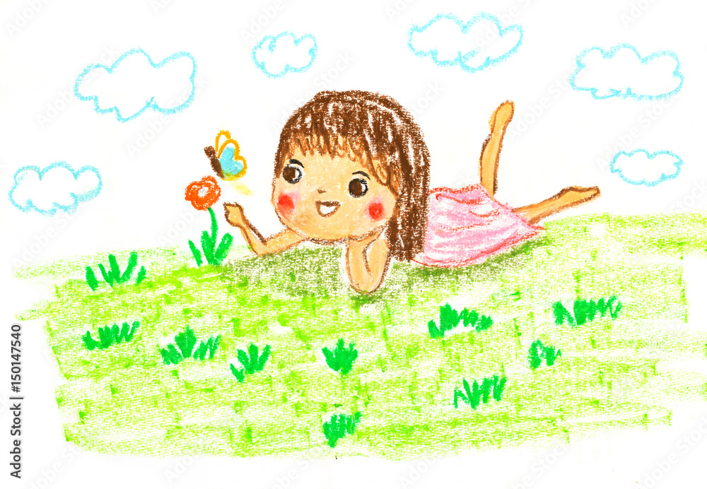 cute girl lying on green grass , oil pastel drawing illustration Stock ...
