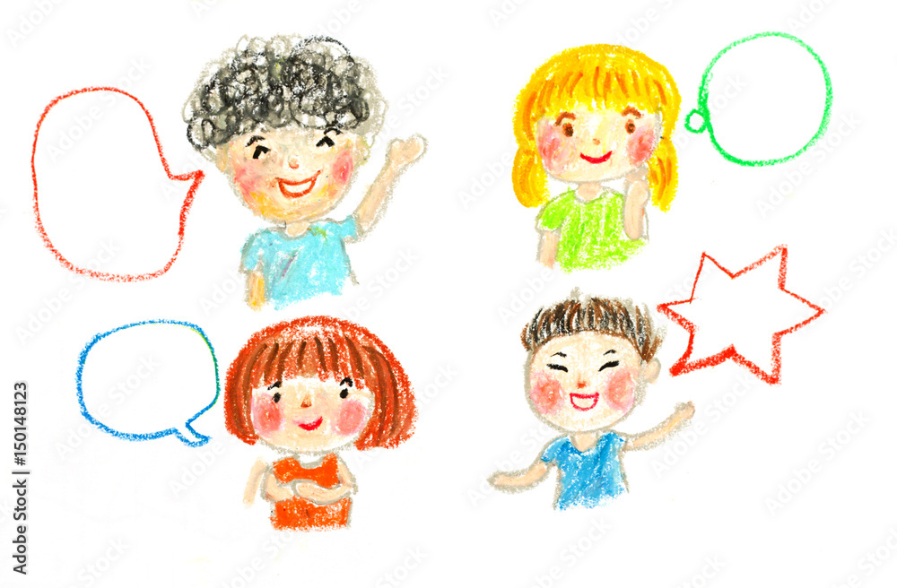 kids talking and bubbles, oil pastel drawing illustration Stock ...