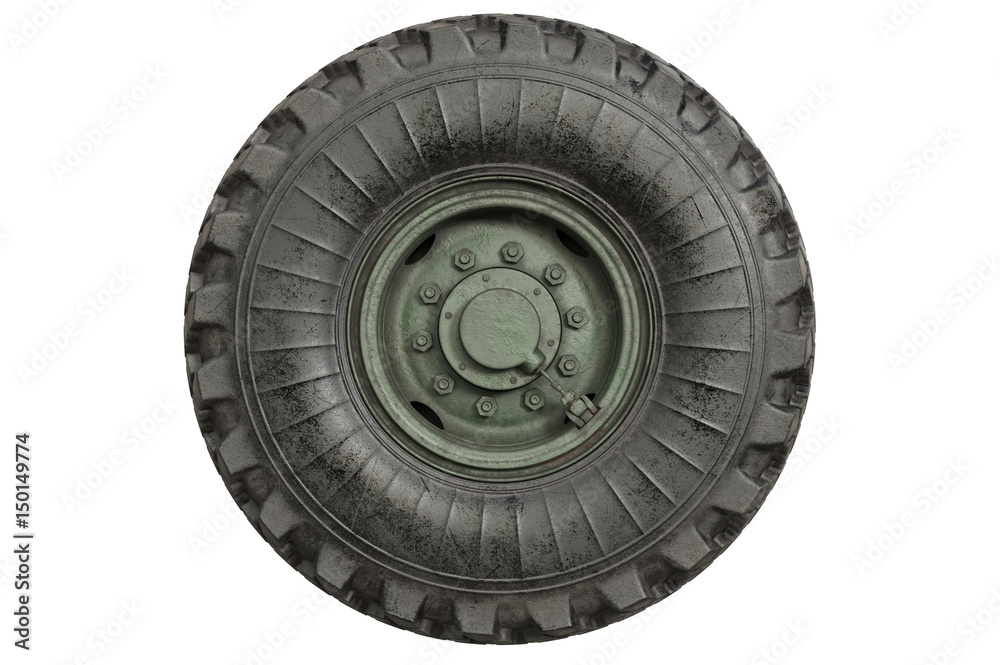 Car wheel military green rubber tire, side view. 3D rendering Stock ...
