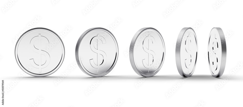 Silver coin with dollar sign in different angles isolated on white. 3D ...