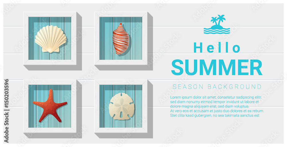 Hello summer background with sea creatures wall art , vector ...