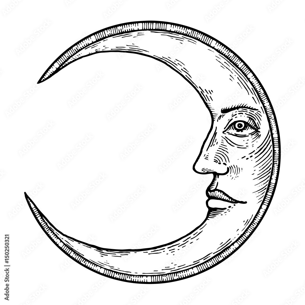 Moon with face engraving style vector illustration Stock Vector | Adobe ...