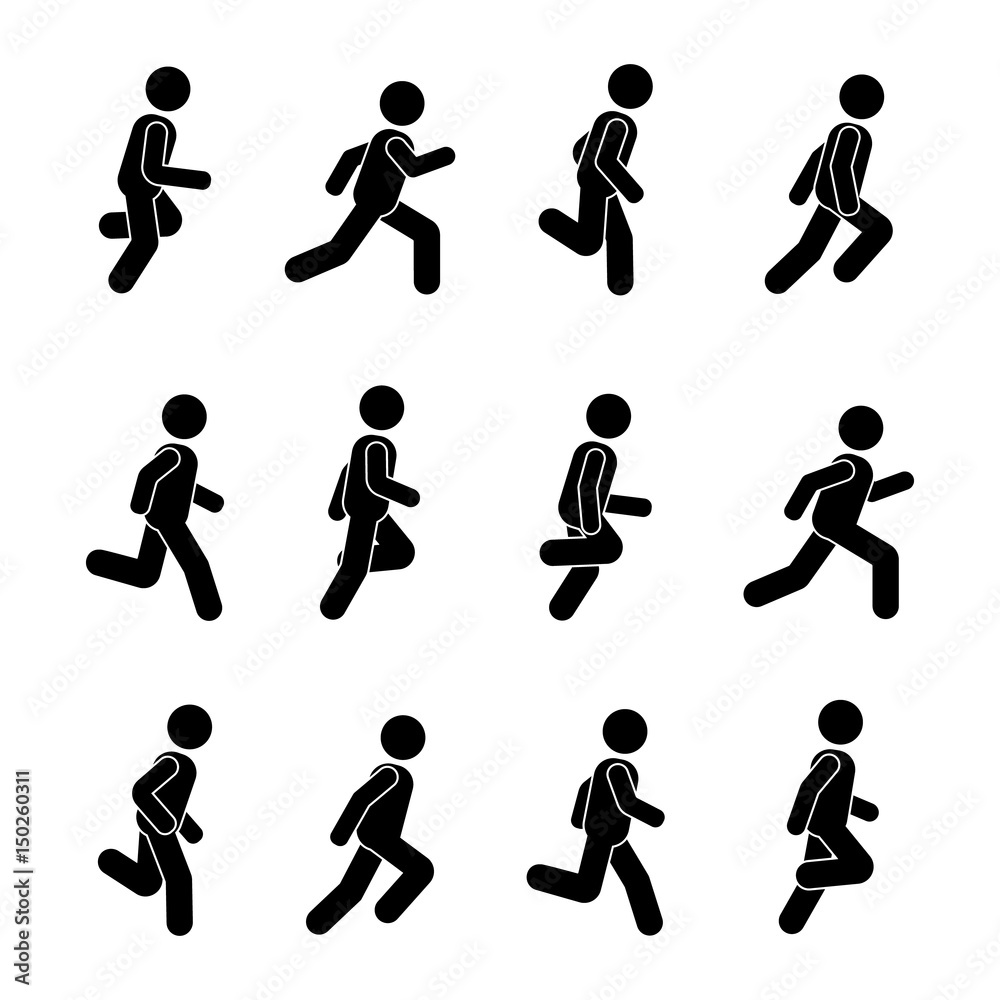 Man people various running position. Posture stick figure. Vector ...