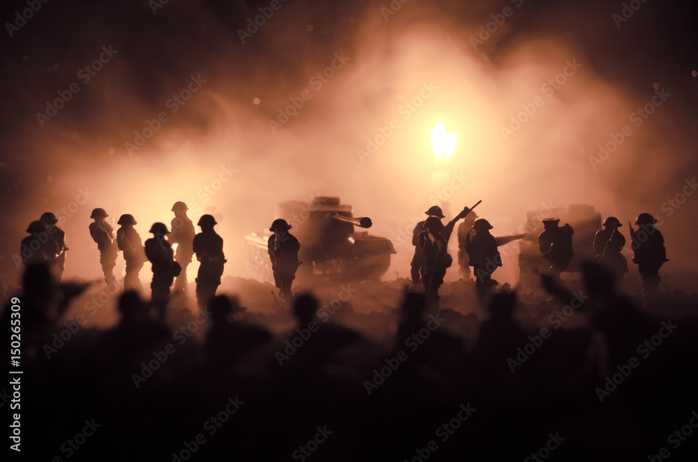 War Concept. Military silhouettes fighting scene on war fog sky ...