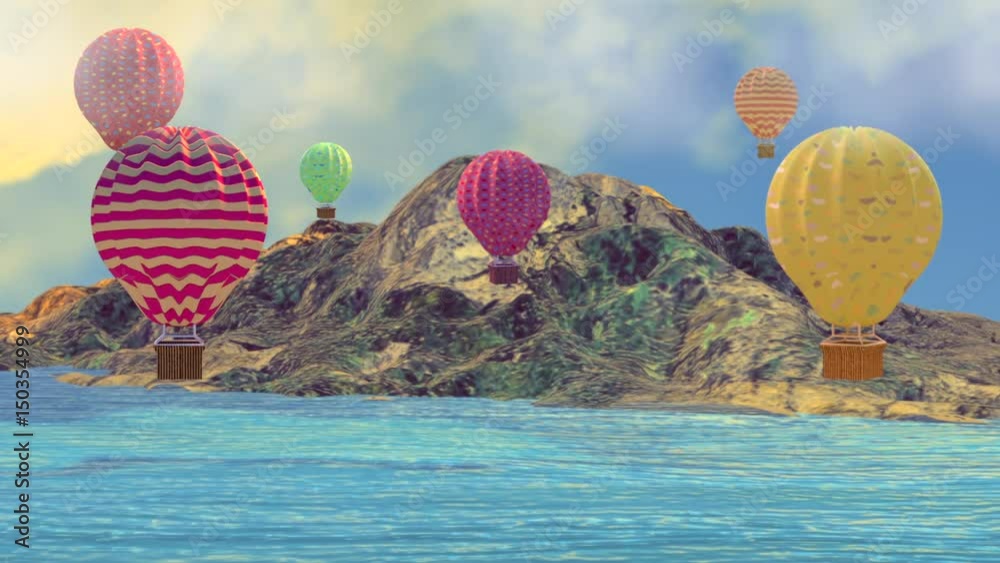 2.5D Parallax effect hot air balloons festival. Beautiful mountain ...