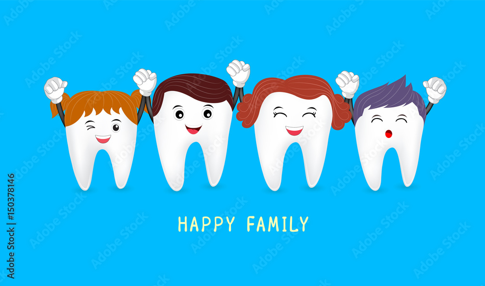 Happy cute family cartoon tooth characters. Dental care concept ...