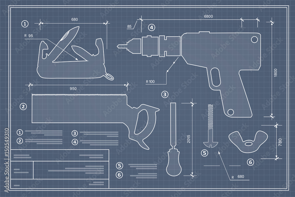 Blueprint building tool set. Drawing plan layout of industrial and home ...