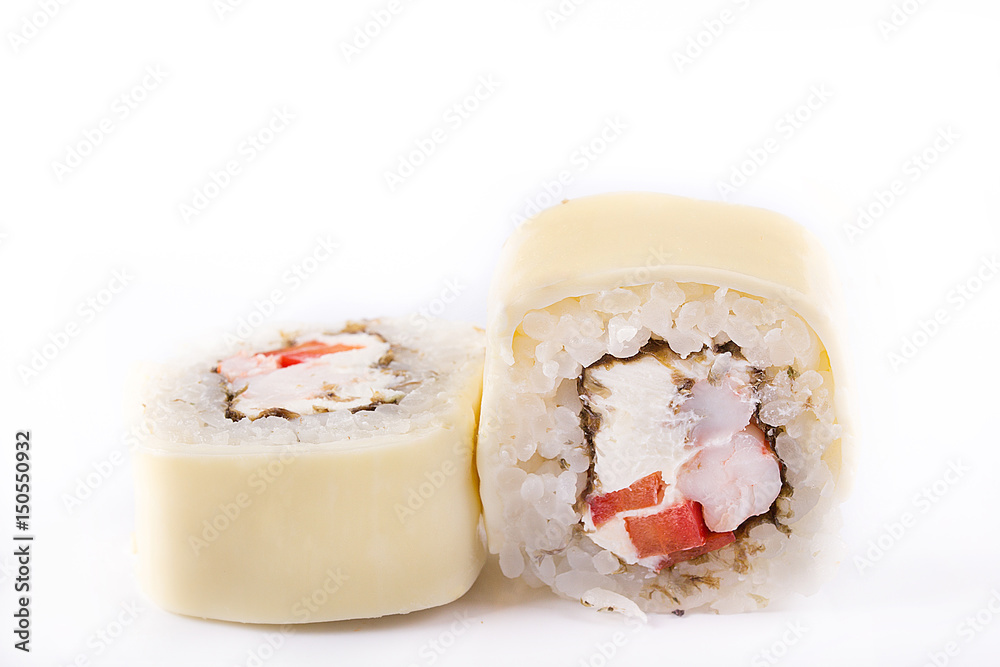 japanese Cuisine, Sushi Set: roll with shrimps, cream cheese, melted ...