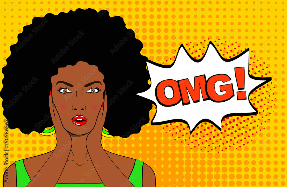 Wow Pop Art Female Face Sexy Surprised Young African Woman With Open
