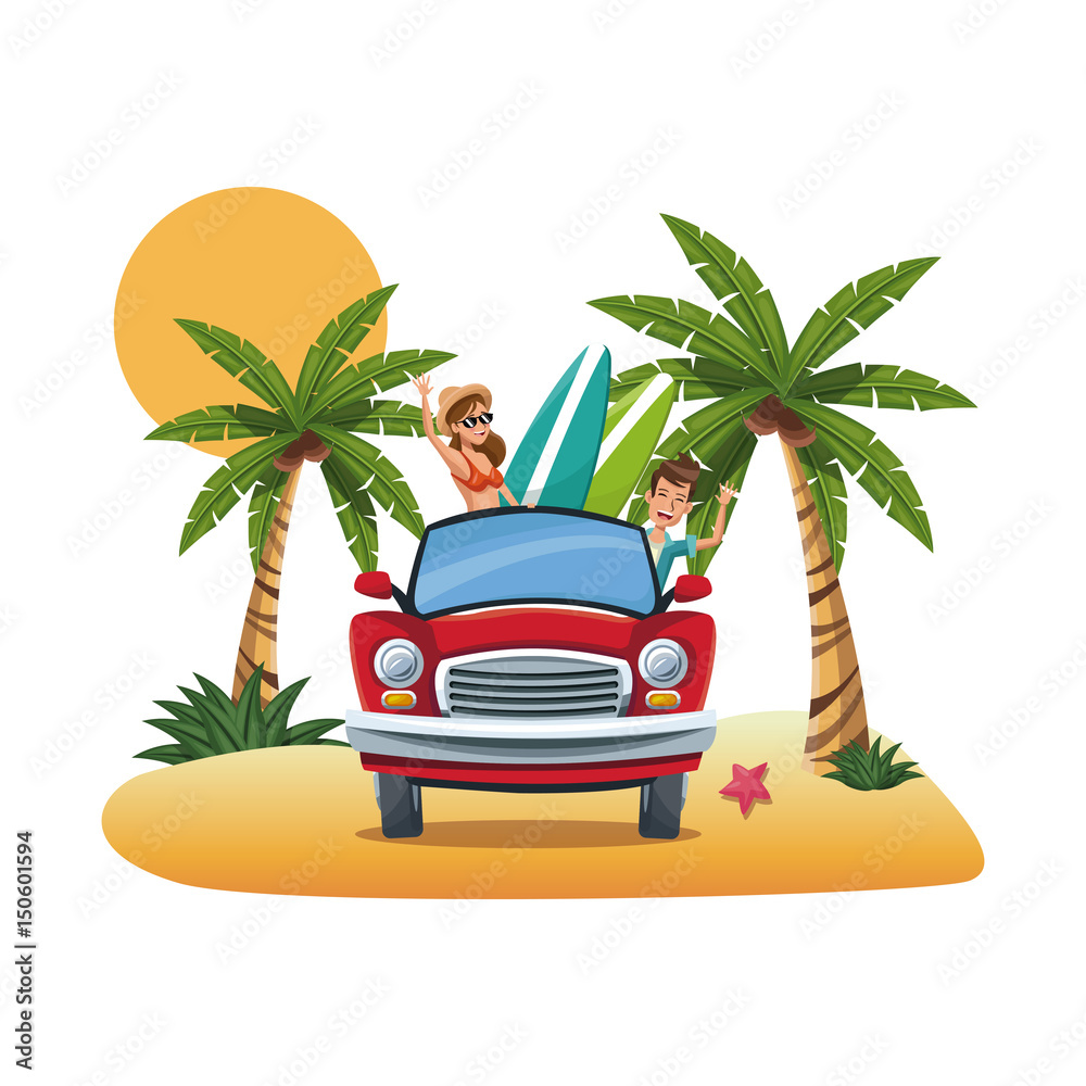 cartoon couple red car surfboard parked on the tropical beach vector ...