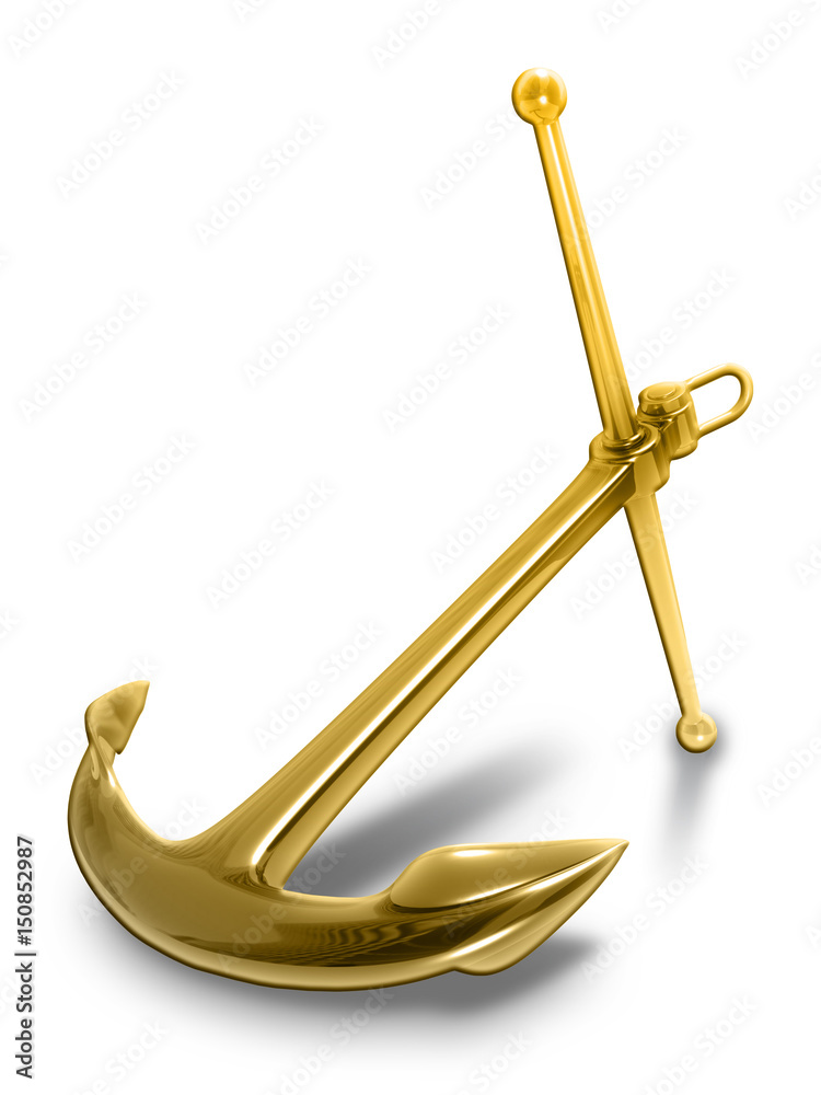 Brightly shining, golden anchor, isolated against the clear white ...