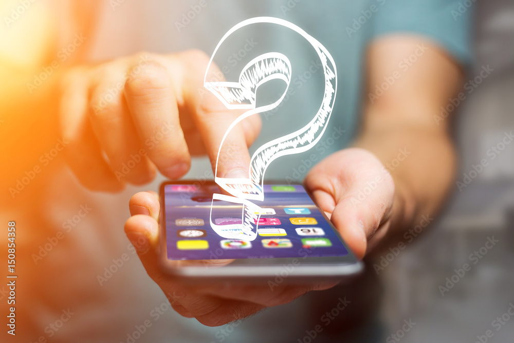 Hand drawn question mark icon going out a smartphone interface of a man ...