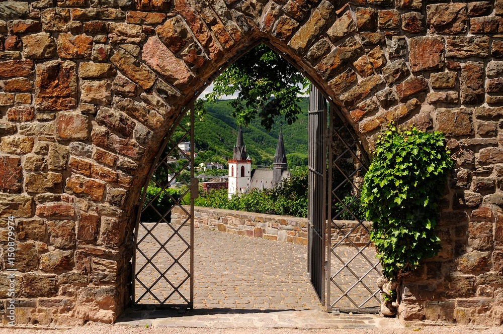 Torbogen an der Burg Klopp, im Hintergrund Basilika St. Martin, UNESCO ...