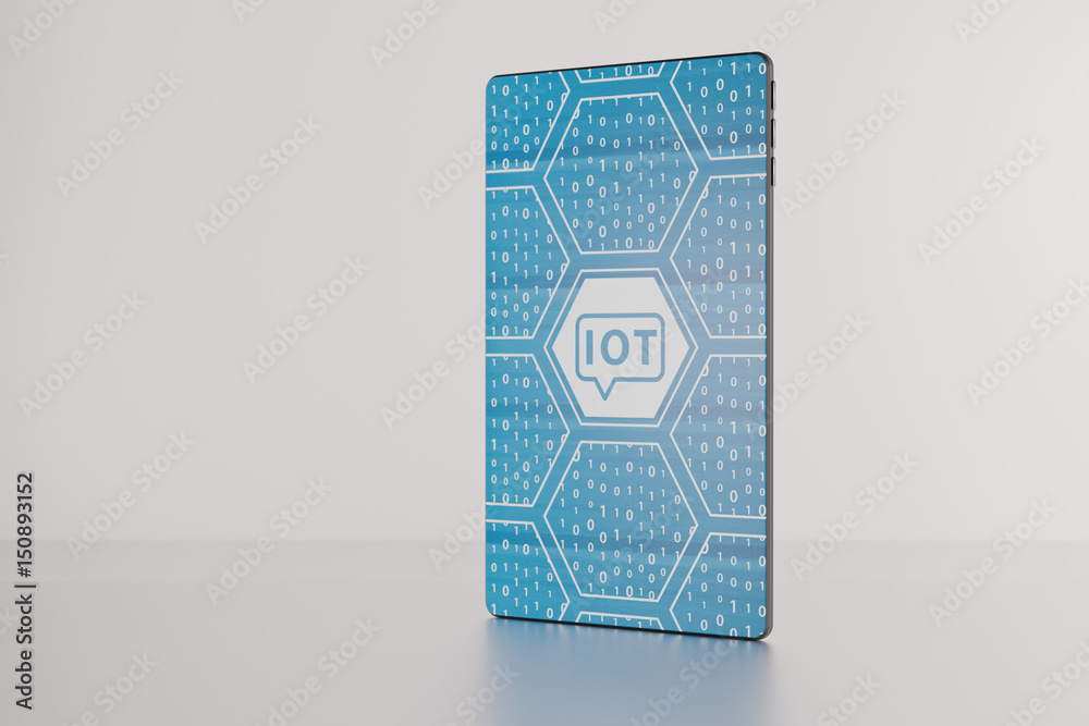 3D illustration of IOT text displayed on futuristic bezel-free ...