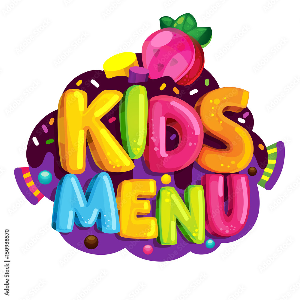 Kids menu. Vector cartoon bubble lettering and jelly candy strawberry ...
