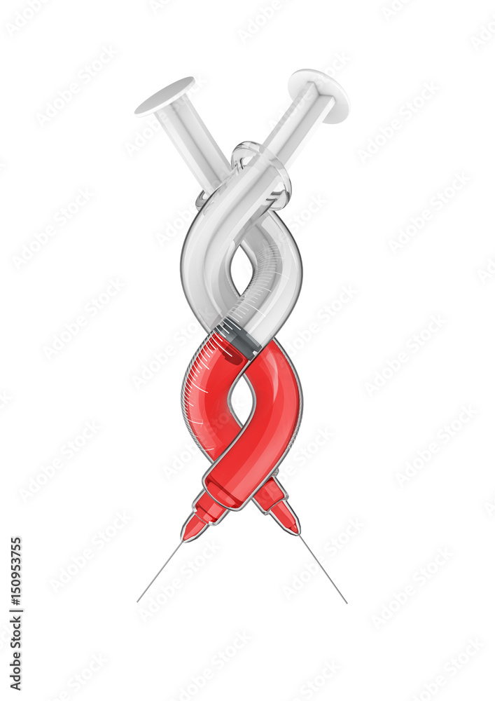 DNA syringes concept / 3D illustration of DNA double helix structure ...