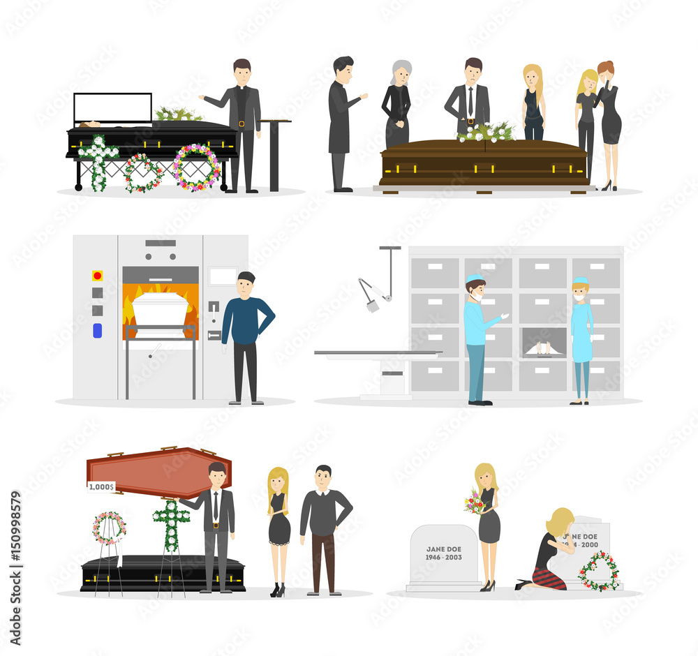 Funeral service interior set. Memorial and mourning on white background ...