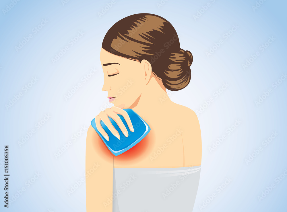 Cold pack on swelling shoulder of woman for relief of pain ...