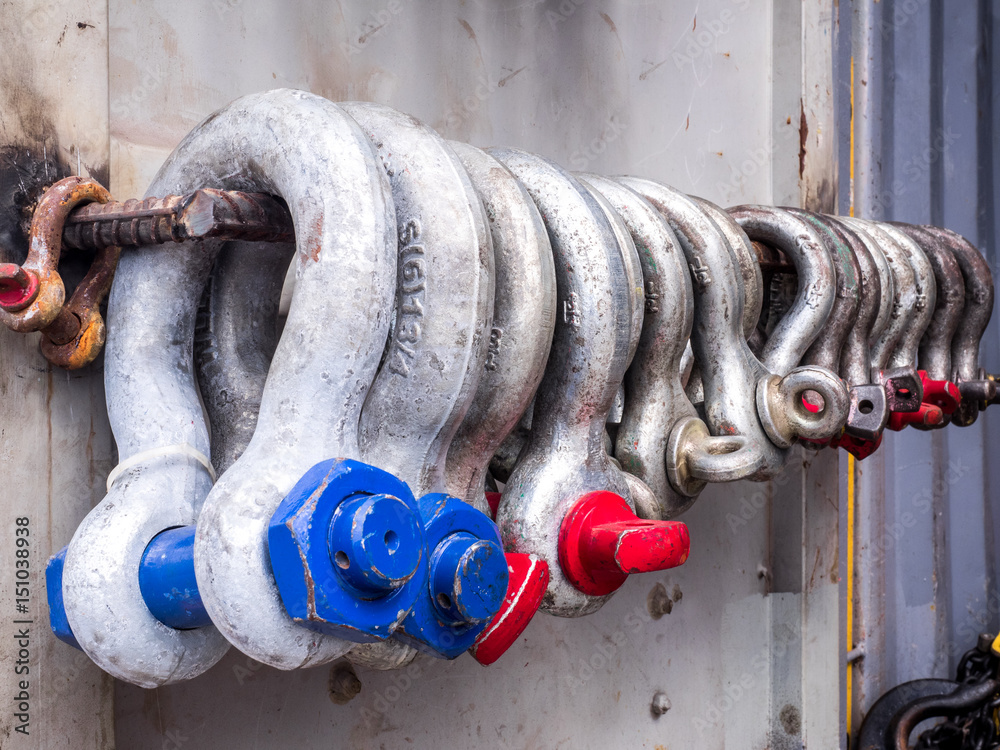 Store of chain block and shackles in side container door. Stock Photo ...