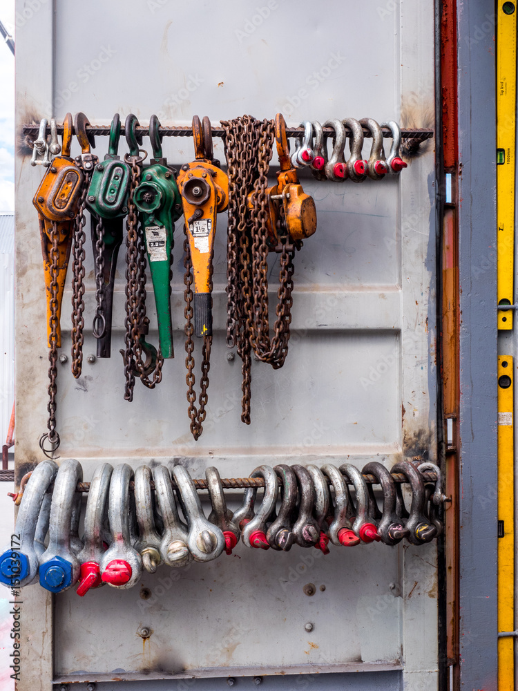 Store of chain block and shackles in side container door. Stock Photo ...