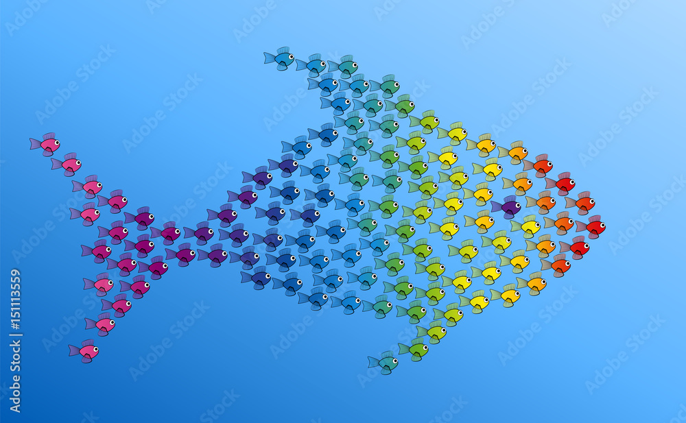 Many little fishes forming a big fish to be strong together - symbol ...
