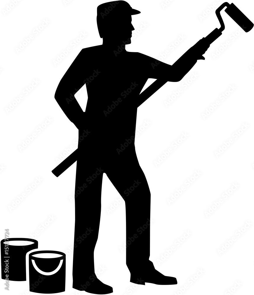 Painter silhouette with roller and paint buckets Stock Vector | Adobe Stock