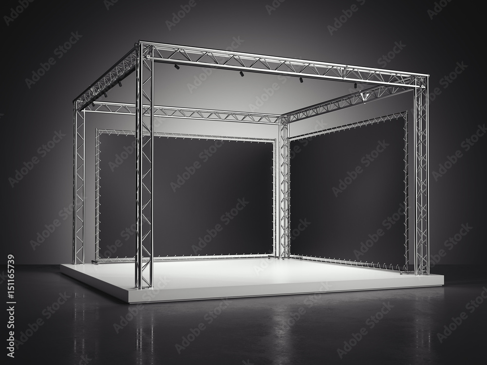 Stage with metal framework in dark studio. 3d rendering Stock ...