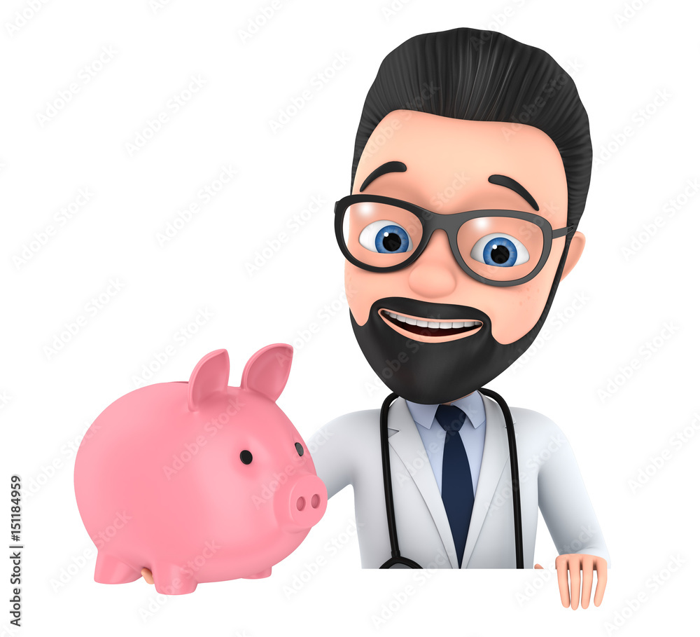3d render illustration. Cheerful doctor with a piggy bank on a white ...