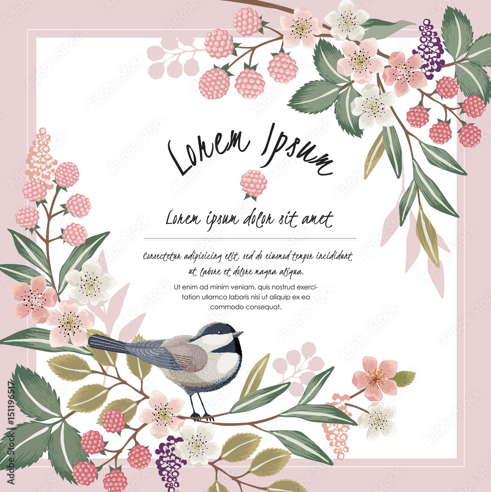 Vector illustration of a beautiful floral border with a bird in spring ...