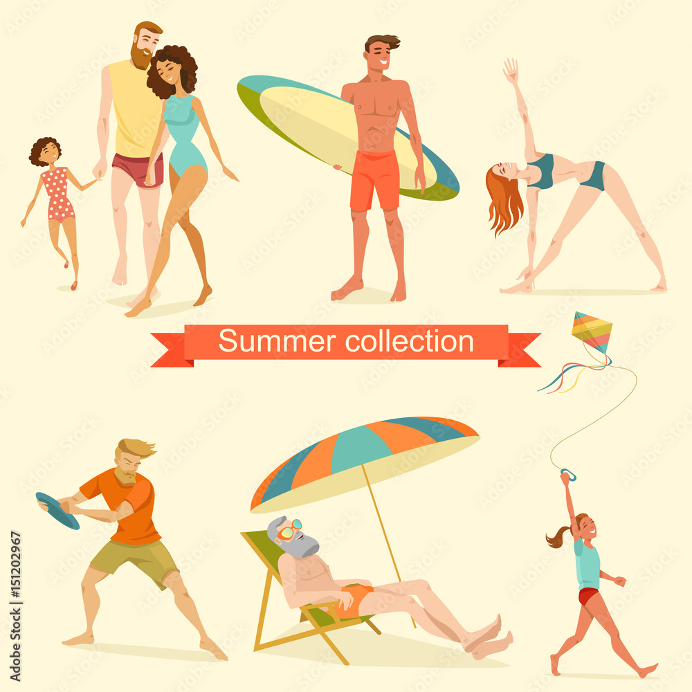 Set of isolated illustrations of people relaxing on the beach. Funny ...