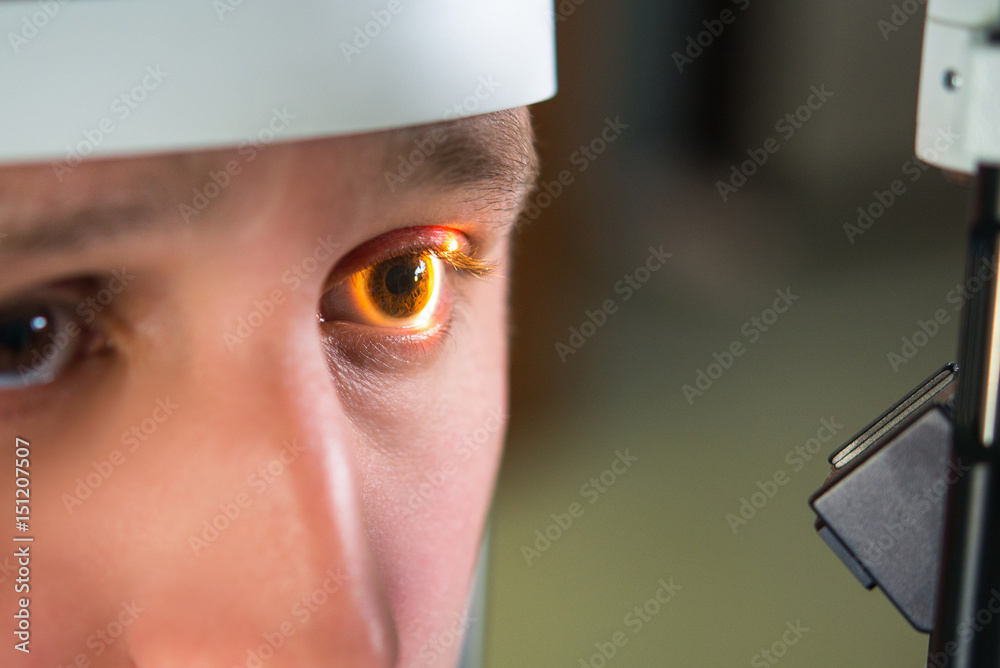 Research and scanning eye, close-up photos, retinal diagnostics in ...