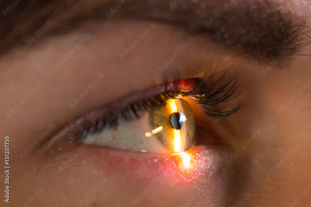 Research and scanning eye, close-up photos, retinal diagnostics in ...