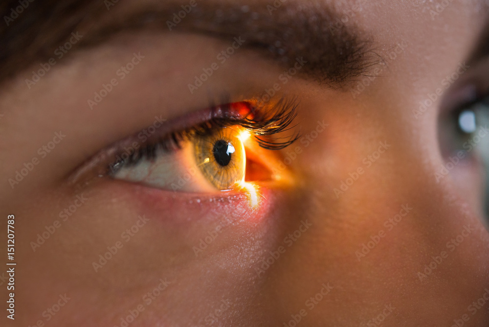 Research and scanning eye, close-up photos, retinal diagnostics in ...