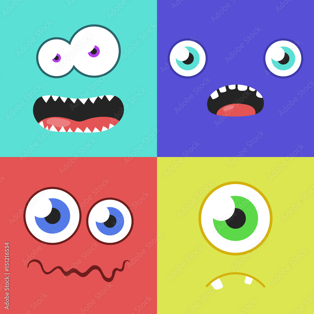 Set of cartoon monster faces with different expression of emotions ...