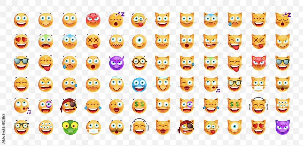 Set of Cute Emoticons on Transparent Background. Isolated Vector ...