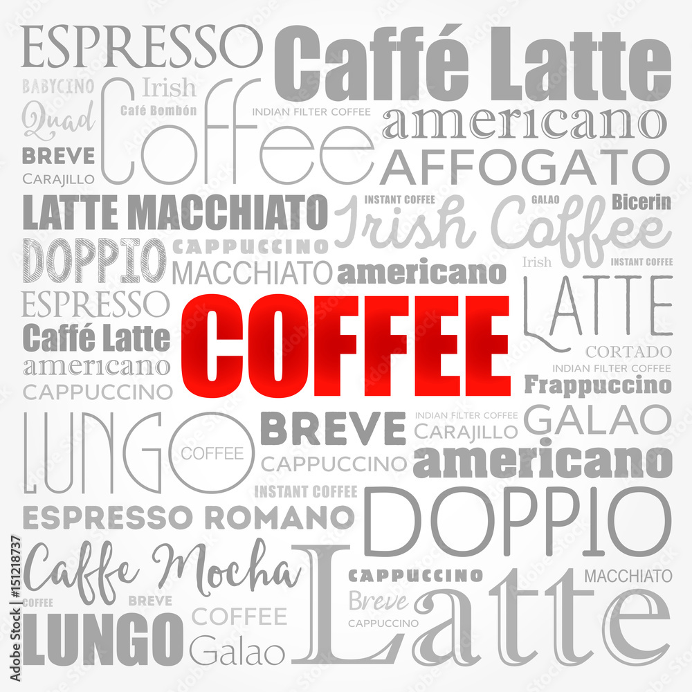 List of coffee drinks words cloud collage, poster background Stock ...